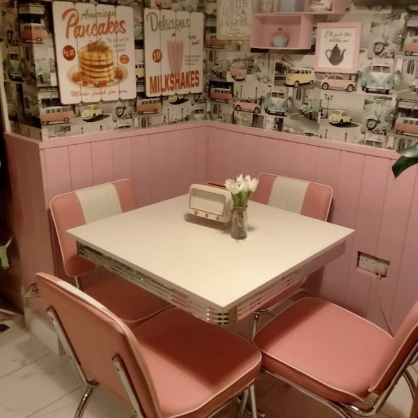 American Diner Furniture 50s White Table and Red Booth Set Commercial ...