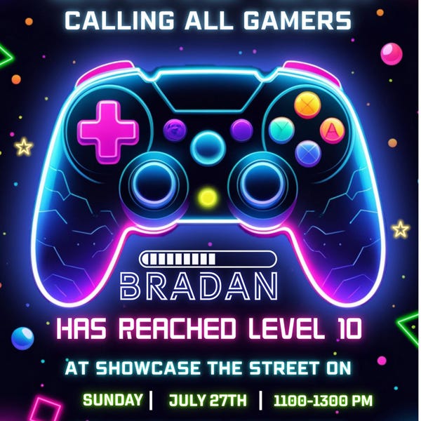 Editable Neon Game on Level up Gaming Birthday Party Invitation, Video ...