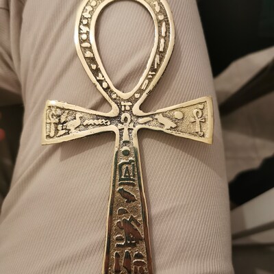 XLRG Egyptian Solid Brass Ankh Life Key 7.8 Engraved Hieroglyphics Wall ...