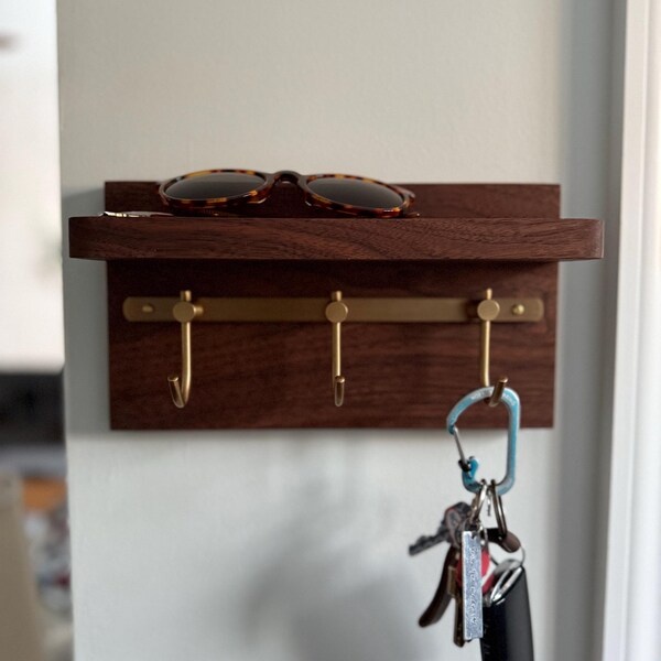Modern Wood Key Rack, Walnut Key Holder With Brass Hooks, Entryway ...