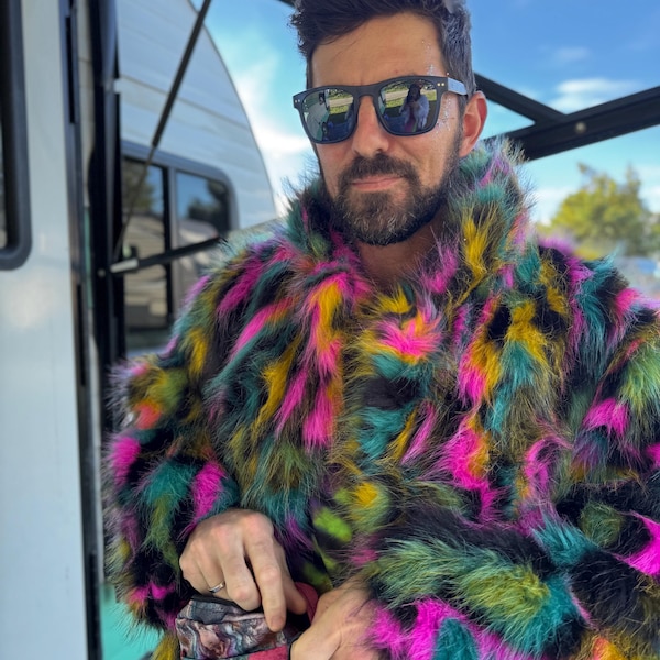 Psychedelic Faux Fur Trousers 70s Joggers Neon Rave Pants Fluffy Tie ...