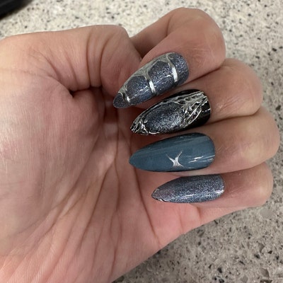 Cyberpunk Green-silver Press on Nails / Punk Metallic Fake Nails/ Flame ...