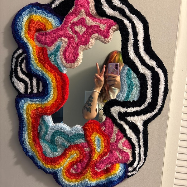 Chaotic Psychedelic Rainbow Drip Tufted Wall Mirror – Handmade Colorful ...