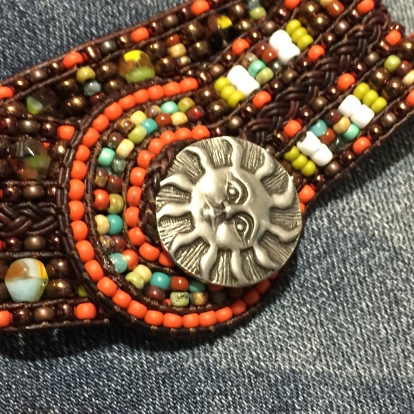 Leather Beaded Bracelet Rustic Bracelet Copper X Green Beading Brown Leather Bracelet Boho Style ...