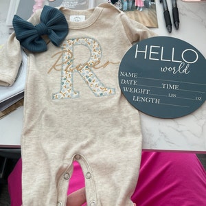 Personalized Baby Girl Romper and Hat Set, Vintage Floral Infant Coming Home Outfit, Baby Shower ...