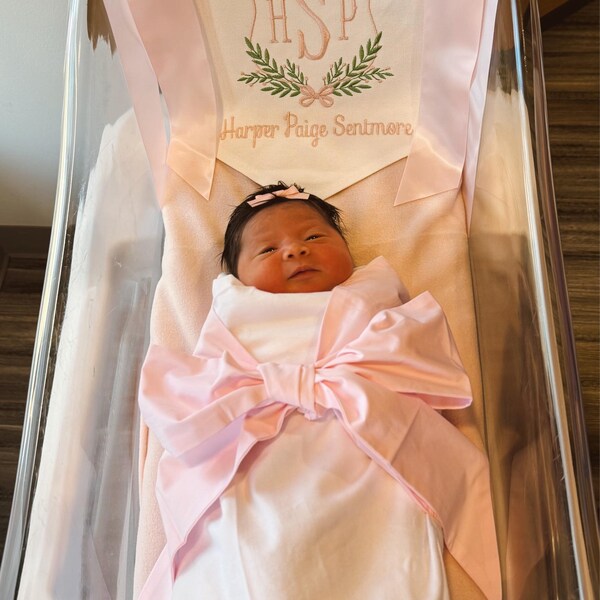 Pink Bow Floral Baby Banner Hospital Door Announcement Sign Embroidered ...