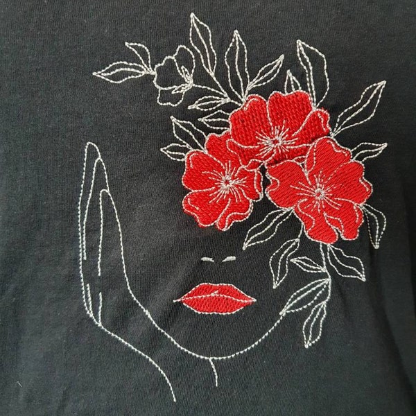 Lady With Flowers Embroidery Design, Line Art Embroidery File - Etsy