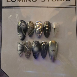 LM014 Black and White Star Themed Nails Minimal Style Nails Handpainted ...