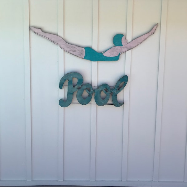 Retro Swimmer Diver Girl Swimming Pool Sign Wooden Retro Diving Girl ...