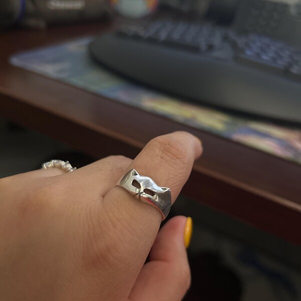 Cat Face Ring, Bague Chat, Cat Wide Band, Cute Cat Ring, Cat Eye Ring ...