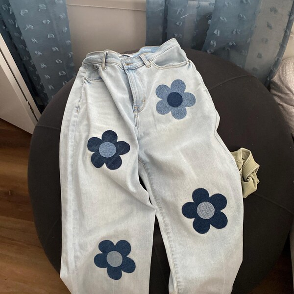 Denim Flowers, 4 Denim Flower Cut Outs, Sew on Denim Patches, Quilting ...