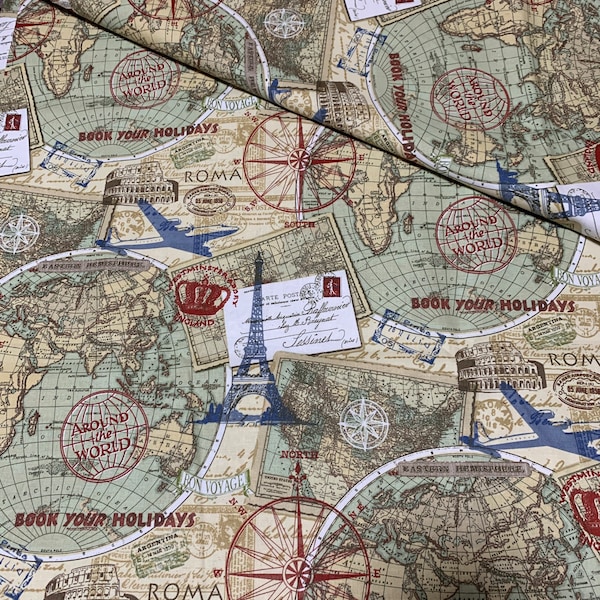World Map Fabric: Vintage Travel Theme, Compass, Landmarks, 100% ...