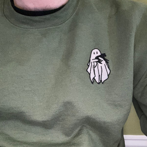Embroidered Ghost Sweatshirt, Halloween Sweatshirt, Black Cat, Fall ...