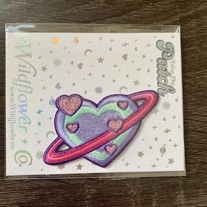 Heart Planet Patch Cute Space Embroidered Iron on Patch Pastel Pink ...