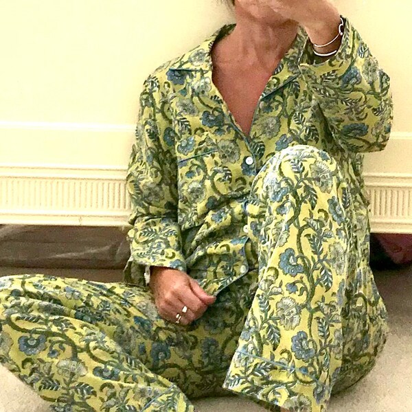 Womens Pure Cotton Block Print Pyjamas Dusty Rose Floral Pyjama's ...