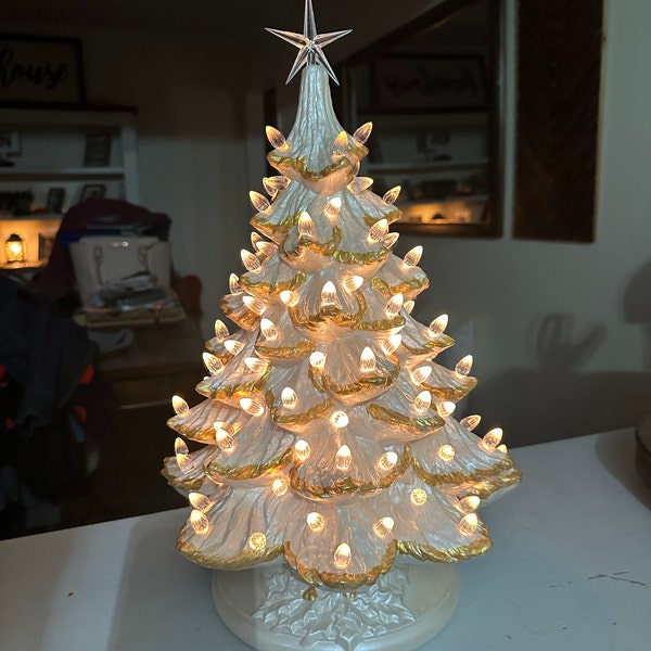 Ceramic Christmas Tree in Metallic Pearl White and Gold Accents - Etsy