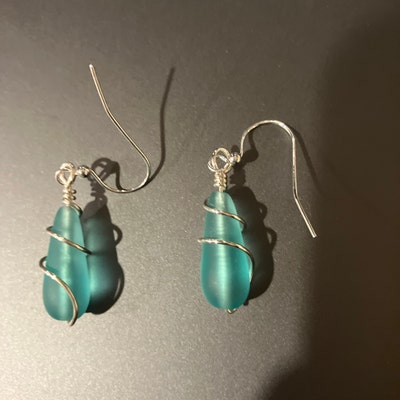 Seafoam Sea Glass Teardrop Earrings, Teardrop Double Wrapped Beach Glass Earrings, Aqua Green ...