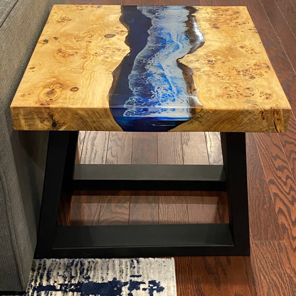 Custom Order White Dark Blue Ocean Sea Resin Table Live Edge Olive Wood ...