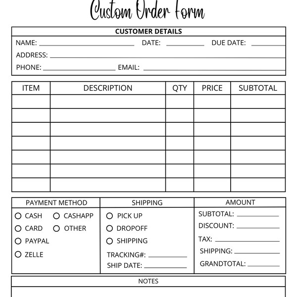Editable Order Form Template, Purchase Order Form, Small Business Forms ...