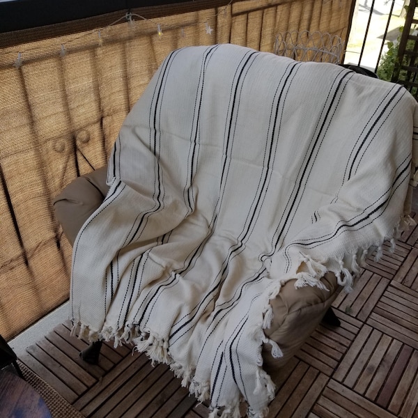 Handmade Large Turkish Blanket, Farmhouse Decor, Neutral Turkish Cotton ...