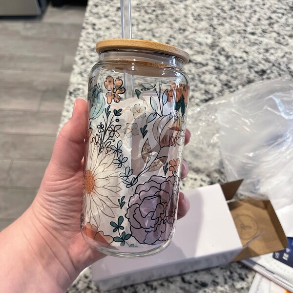 Fall Floral Glass Can Cup, Iced Coffee Cup, Smoothie Glass, Fall Cup ...