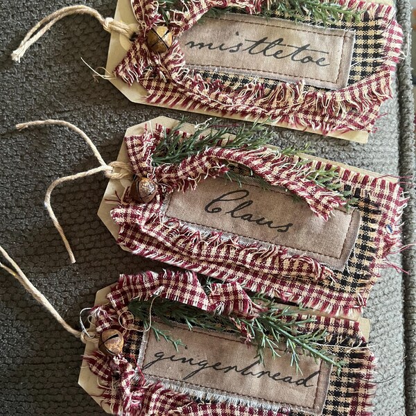 Primitive Christmas Gift Tags, Holiday Tags, Set of 10 Handmade Country ...