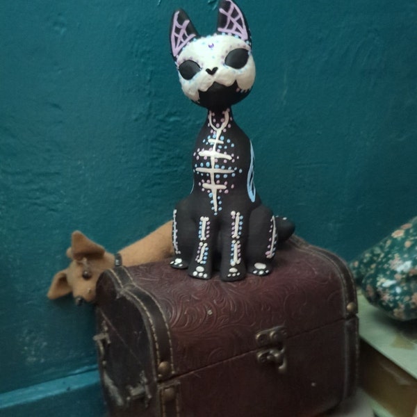 Sugar Skull Cat Day of the Dead Sculpture Figurine Hand Painted 3D ...