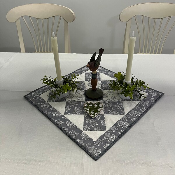 Quilted Table Topper Blue Gray and Tan Handmade Square Patchwork Table ...