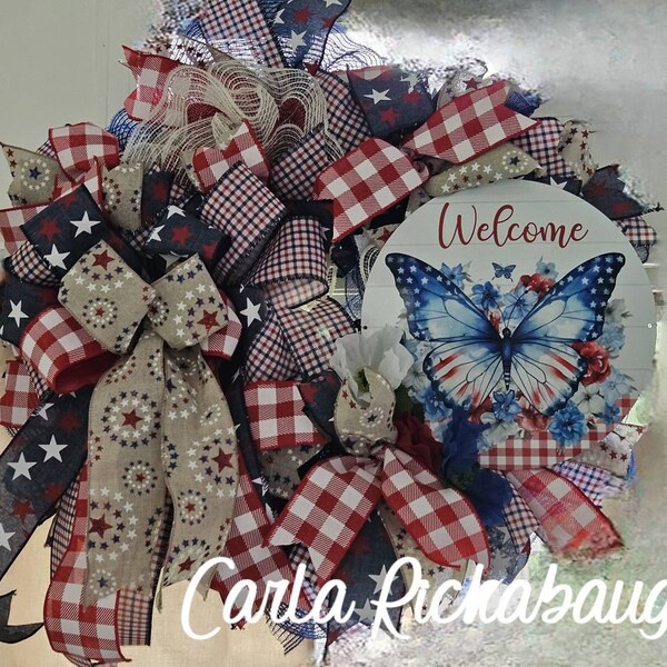 Welcome Patriotic Butterfly Watercolor on Shiplap Background Red White ...