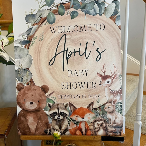 Woodland Baby Shower Welcome Sign, Greenery Forest Animals Baby Shower ...