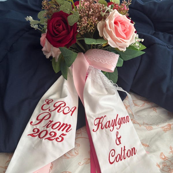 Custom Embroidered Bouquet Wrap Sash Bow HOCO Prom Bouquet Sash With ...