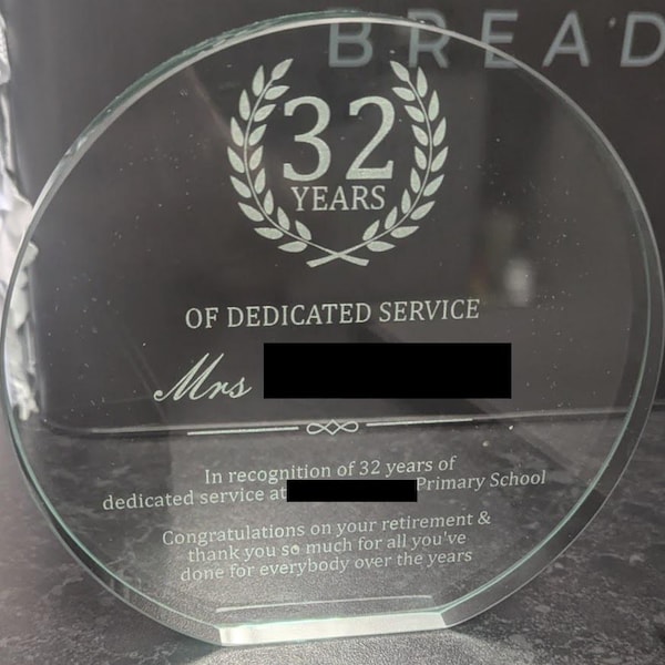 Personalised Glass Employee Award, Retirement Appreciation, for Manager ...