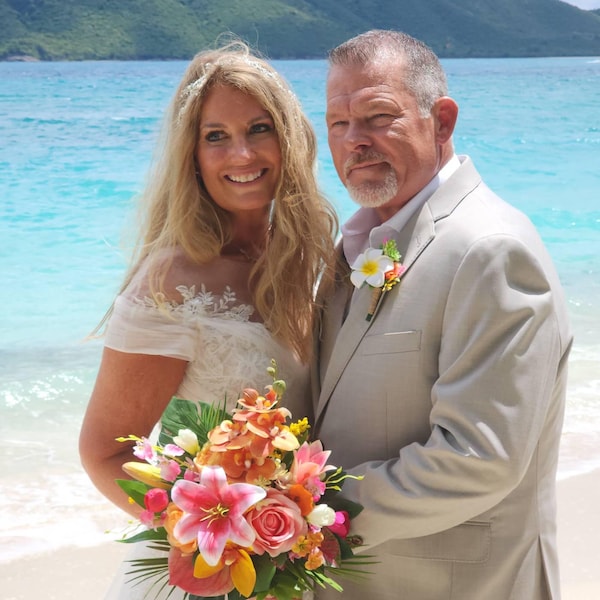 Cascade Tropical Bouquet, Silk Tropical Flowers, Beach Wedding, Bright ...