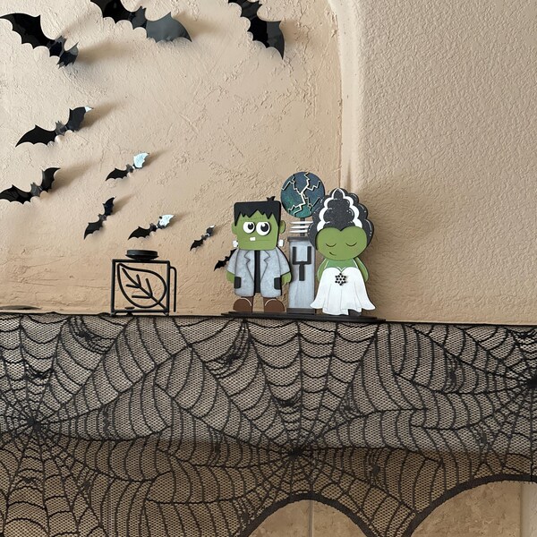 Hand-painted Frankenstein & Bride Stand: Halloween Mantle Decor, - Etsy