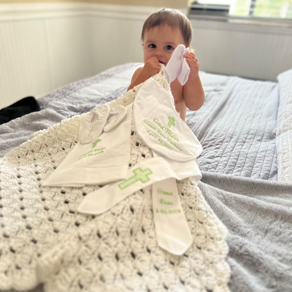 Custom Baptism Bundle - Bib, Stole, Towel and Shoes - Dedication, New ...