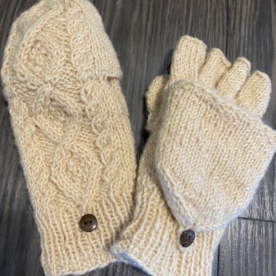 Cable Knit Convertible Mitten, Hand Knit Winter Gloves With Fleece ...