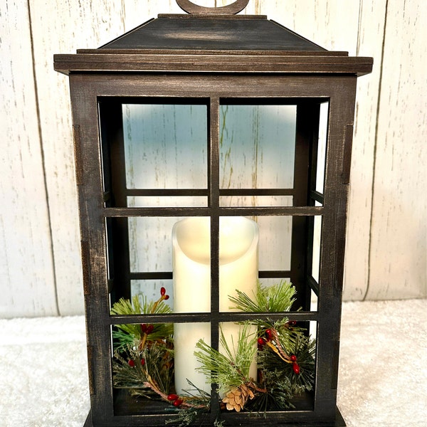 Window Pane Farmhouse Lantern, Rustic Farmhouse Lantern, Faux Candle ...