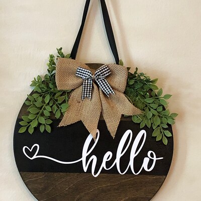 Front Door Sign Hello Wooden Wreath Hello Wooden Sign Hello Front Door ...