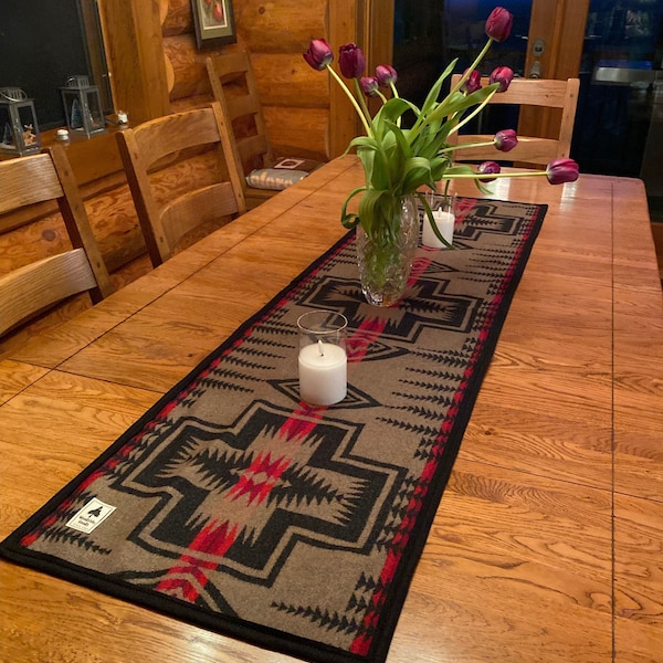 Table Runner in Oregon Wool-harding, Black Tan and Red Tribal Design ...