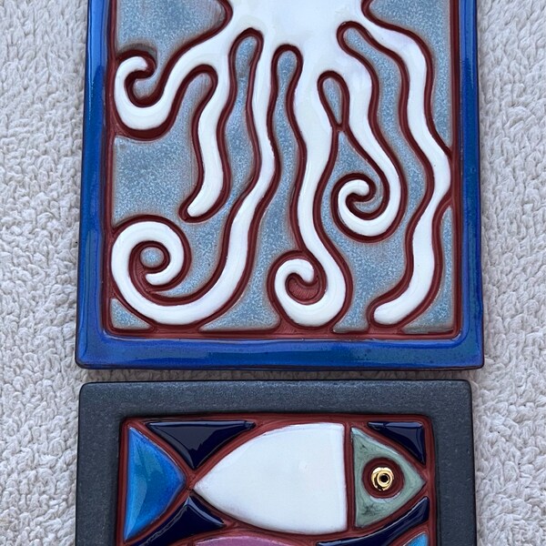 4.5” Square White Rabbit ART Tile - Glazed Terra-cotta + 22k Gold Moon ...