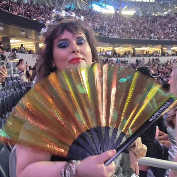 XL Festival Fan Iridescent, Silver Stardust, Big Folding Hand Fan for ...
