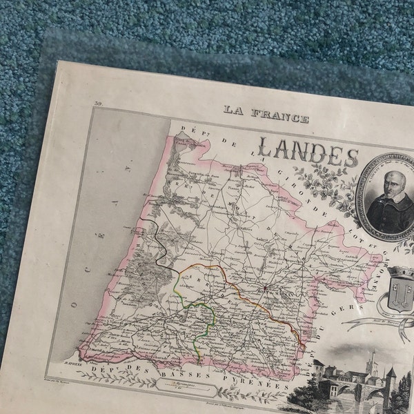 LANDES Old Map of Landes Departement 1856 Beautiful Antique Hand ...