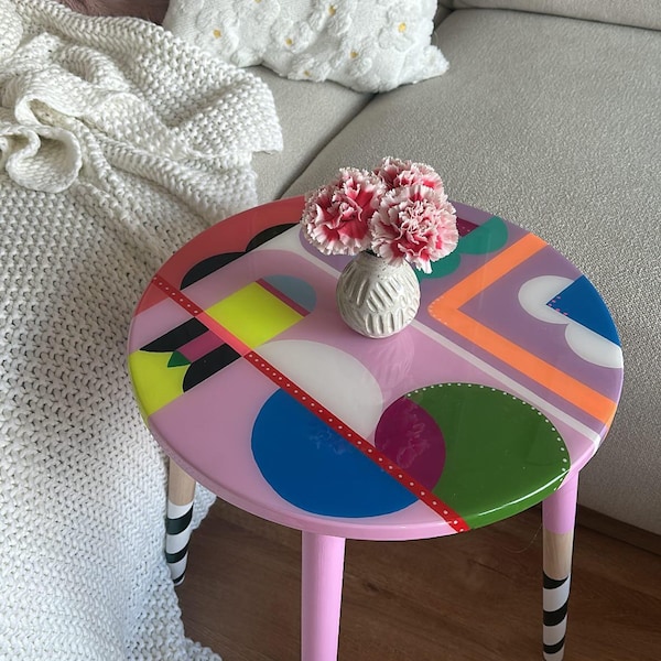 Rainbow Abstract Epoxy Resin Pop Art Side Table, Kitsch Coffee Table ...