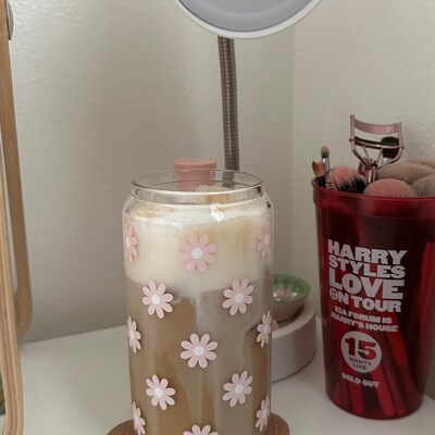 Daisy Iced Coffee Glass Cup Spring Floral Glass Cup With Bamboo Lid and ...