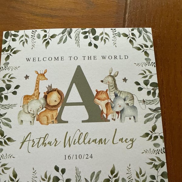 Personalised Jungle New Baby Card — Safari Animals Initial Baby Boy ...