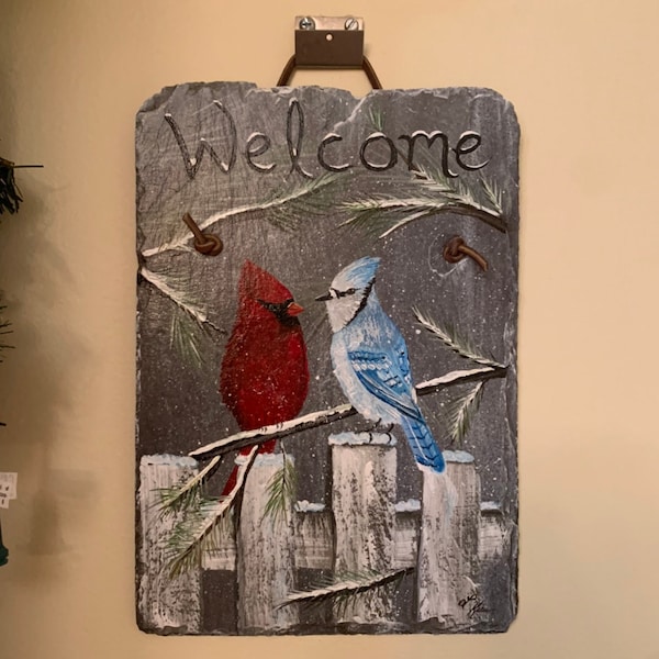 Painted Slate, Winter Cardinals Painting, Address Slate, Personalized ...