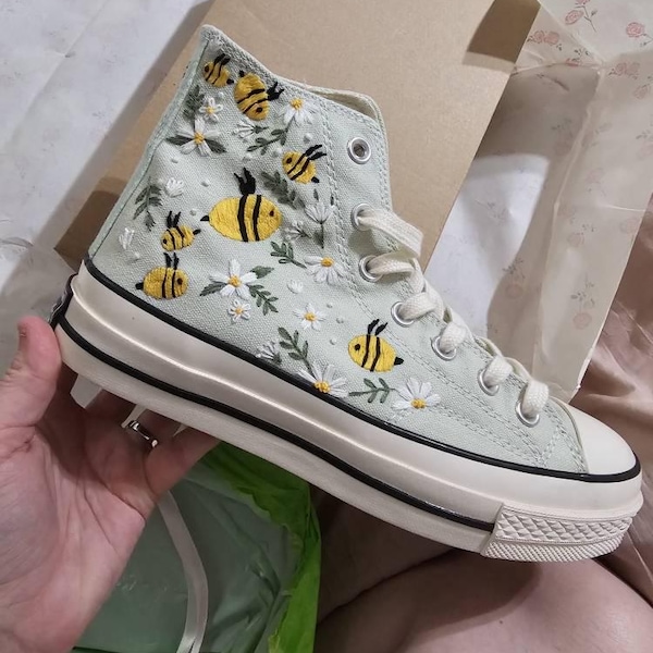 Converse Embroidered Shoes, Bee Embroidered Converse High Tops, Daisy ...