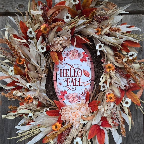 Wreath Sign, Oval Fall Wreath Sign, Hello Fall Neutral Themed Wreath ...