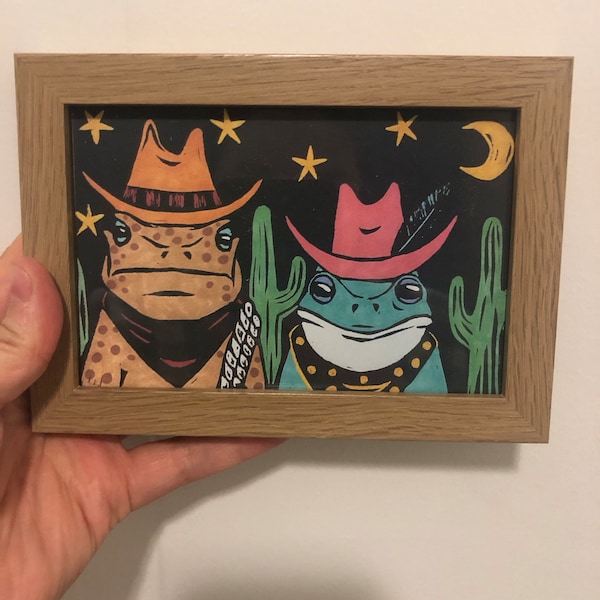 Framed Cowboy Frog Print Ready to Hang 4x6 Wall Print Whimsical Funny ...