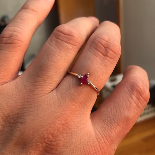 14k Stackable Natural Ruby Ring / Marquise Ruby Ring and Diamond Ring / Dainty Ruby Ring ...